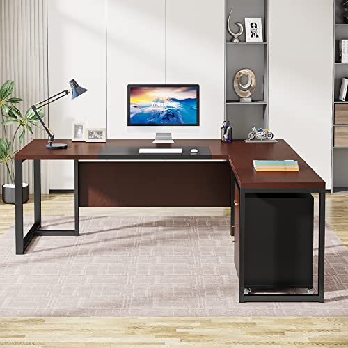 Tribesigns 70 Inches Executive Desk with File Cabinet, Large L Shaped Desk with Storage Cabinet, L Shaped Computer Desk with Drawer Cabinet, Dark Walnut