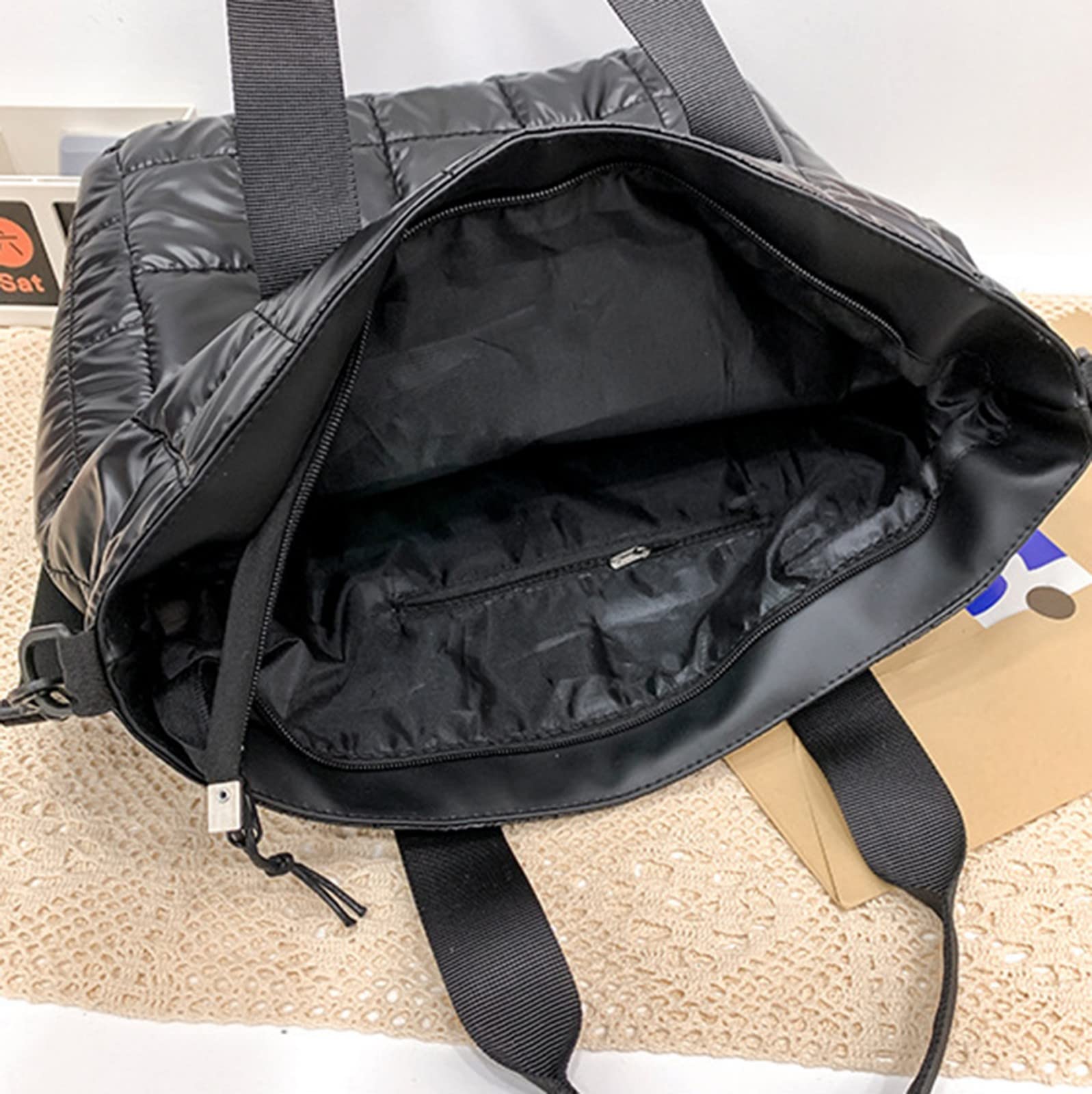 Beach Bags For Women Women's Bags Solid Color Plaid Quilted Bag Large Capacity Zipper Shoulder Bag (Black, One Size)