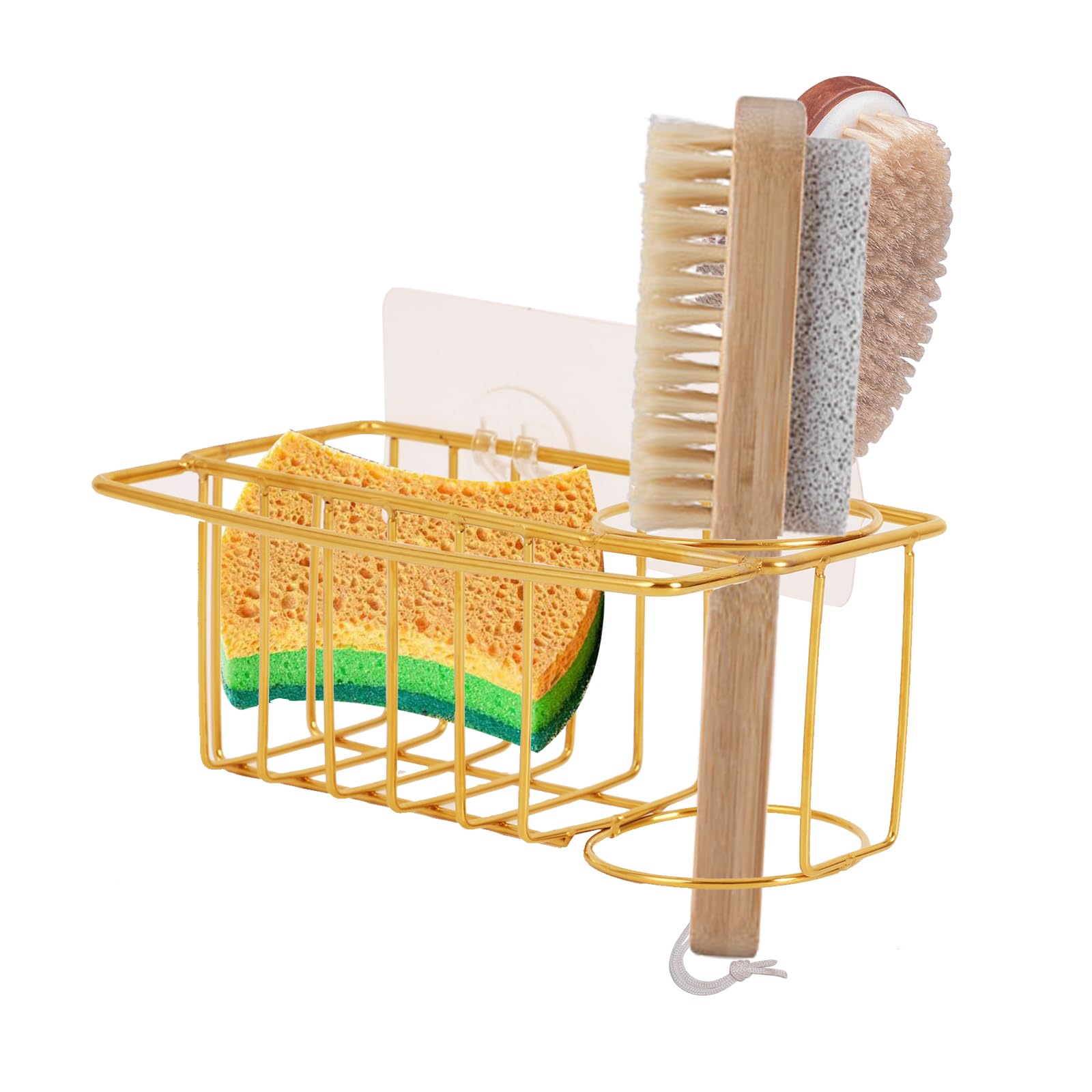 blueden 3-in-1 Adhesive Sink Caddy Kitchen Sink Organizer,Stainless Steel Sponge and Brush Holder for Kitchen Sink,Suitable for Sponges,Dish Cloth,Scrubbers, Soap, Kitchen, Bathroom.Gold