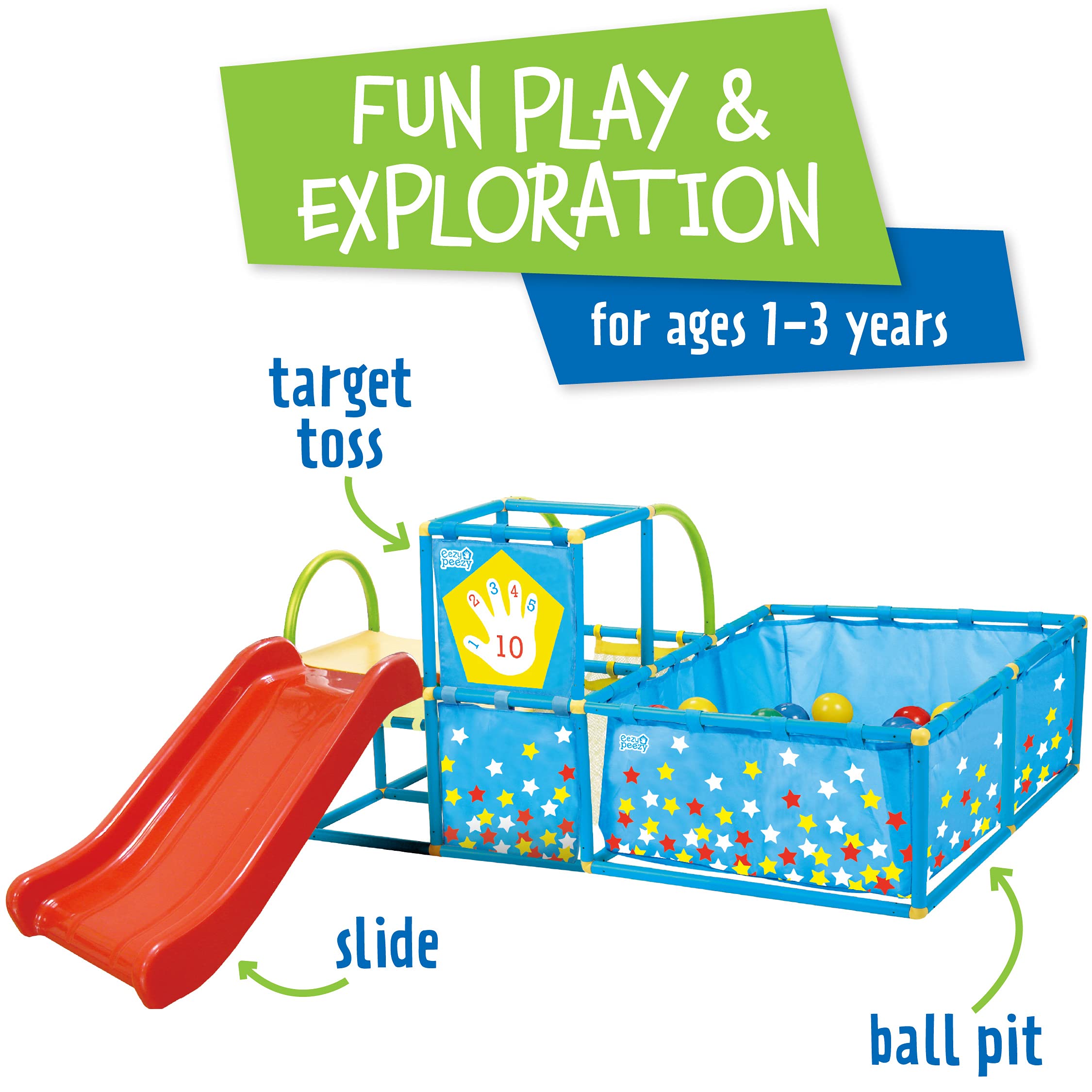Eezy Peezy Active Play 3 in 1 Jungle Gym PlaySet β Includes Slide, Ball Pit, & Toss Target with 50 Colorful Balls