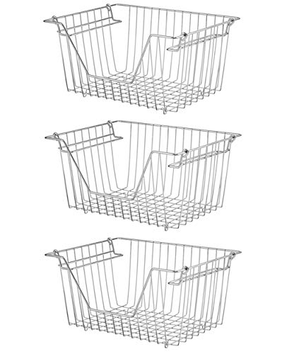 blitzlabs Stackable Wire Organizing Basket Storage Baskets Cabinet Organizer Sturdy Metal Wire Pantry Freezer Bin for Home Bathroom Kitchen Organization 3 pack