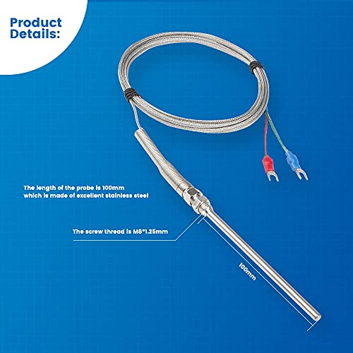 CGELE K-Type Thermocouple Temperature Sensors 0~600℃,2M/6.6Ft Wire Probe Length 100mm Two Wire 100×5mm Stainless Steel Probe Temperature Detector Temperature Gauge