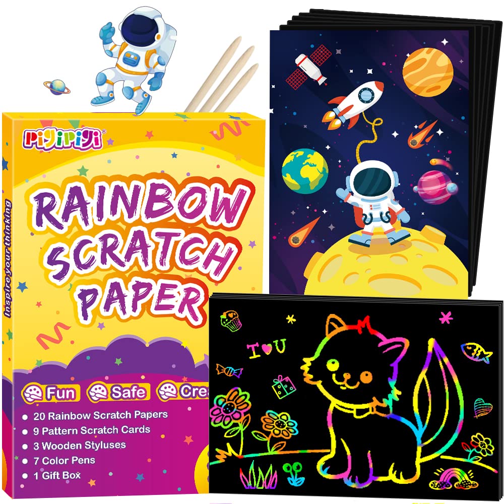 pigipigi QXNEW Rainbow Scratch Paper Art - Magic Craft Kit Gift for Kids Ages 3 4 5 6 7 8 9 10 11 12 Color Doodle Drawing Card Supply Set for Teen Preschool Children Birthday Christmas Activity Game