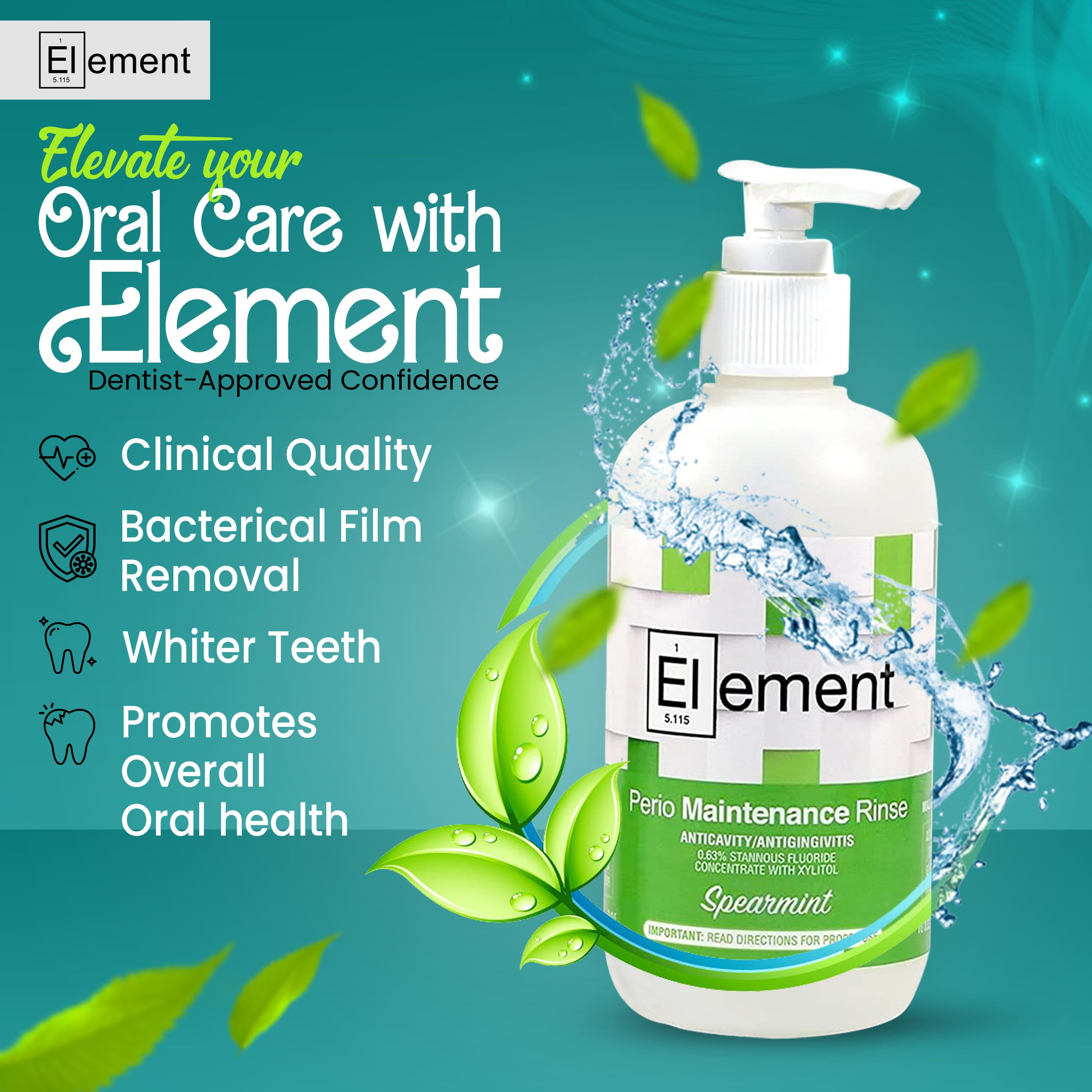 Stannous Fluoride Mouthwash - 10 Fl. Oz. 0.63% Antimicrobial Perio Rinse - Alcohol Free, Dye Free, Paraben Free - Refreshing Spearmint Flavor