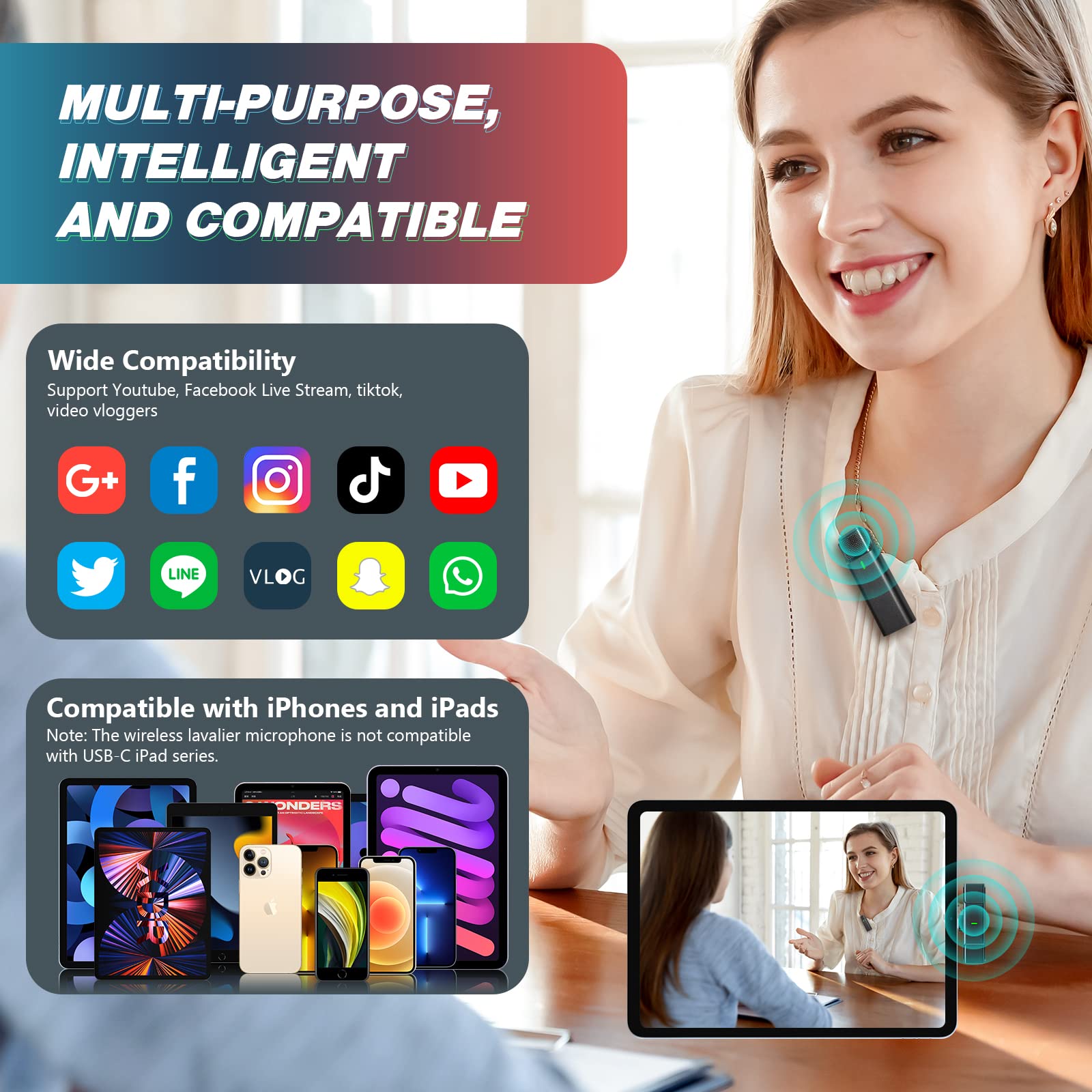 JSSEVN Wireless Lavalier Microphone, 2.4GHz Transmission Technology, 7 Hours of Continuous Use, Compatible with iPhone/iPad with Lightning Connectors
