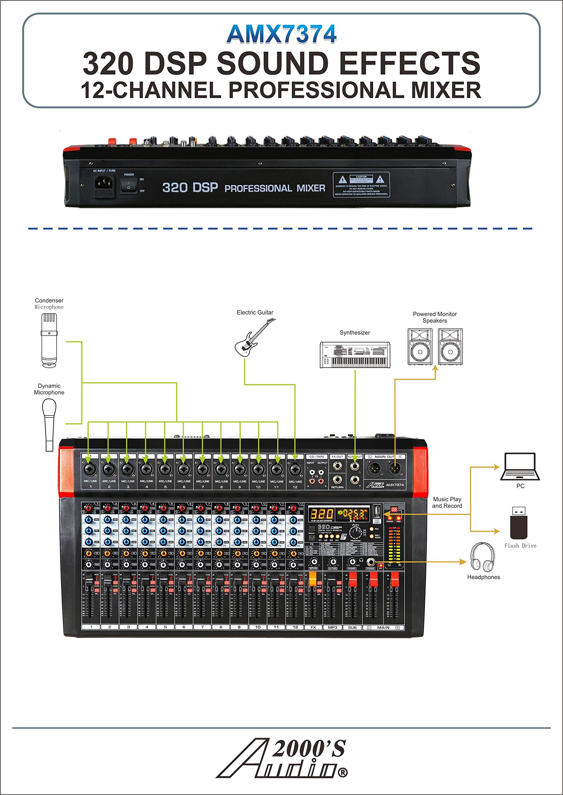 Audio2000'S AMX7374 12-Channel Audio Mixer with 320 DSP Sound Effects, Stereo Sub Out with Sub-Out Level-Control Fader, Level-Control Faders on All Channels, and USB/Computer Interface