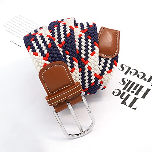 BAOKELAN Canvas Elastic Belts for Men Woven Stretch Braided Waist Belt for Women Jeans Dress Blue White Red