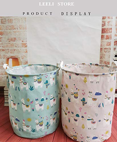 LEELI Laundry Hamper with Handles Collapsible Canvas Laundry Basket,Waterproof Storage Basket Home Organizer for Nursery,Clothes,Toys,Baby Hamper19.7×15.7(Blue Llama)