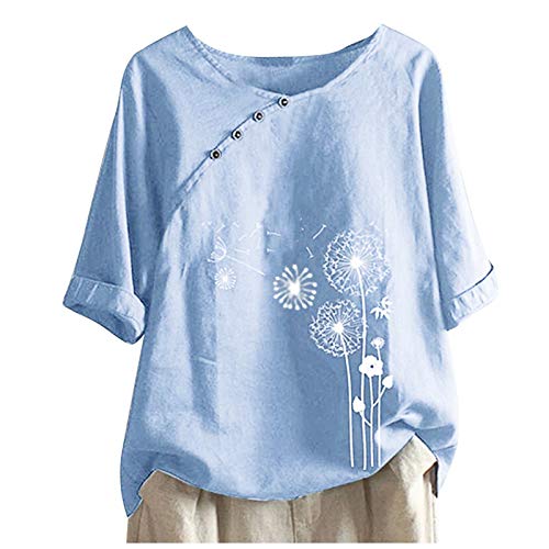 DASAYO Women Cotton Linen Crew Neck Shirt Tops Dandelion Print Half Sleeve Tee Top Shirts Trendy Vintage Comfy Blouse Shirt