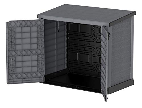 Duramax Cedargrain StoreAway 1200L Plastic Garden Storage Shed/Flat Lid - Outdoor Storage Bike Shed – Durable & Strong Construction– Ideal for Tools, Bikes, BBQs & 2X 240L Bins, 145x85x125 cm, Grey