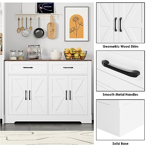 BOTLOG Farmhouse Buffet Cabinet with Storage, 47.2" Sideboard Storage Cabinet with Drawers Coffee Bar Cabinet for Kitchen, Dining Room, Hallway, White