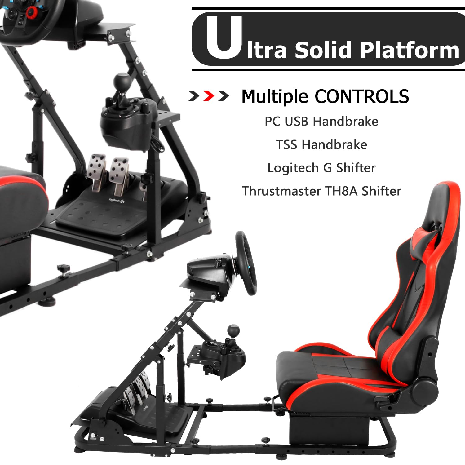 Minneer Immersion Racing Simulator Cockpit/with Red&Black Seat/Fit for Thrustmaster,FANTEC,logitech G25,G29,G92,G923 /Height Adjustable Gaming Steering Wheel Stand/Wheel&Pedals Not Included