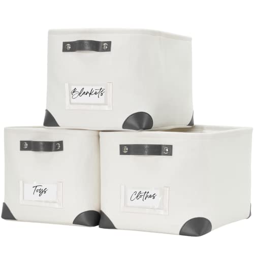DECOMOMO Storage Bins | Fabric Storage Basket for Shelves with Label for Organizing Closet Nursery Toy | Decorative Large Linen Organizers with Handles (Grey W/ Label holder, Large - 3 Pack)