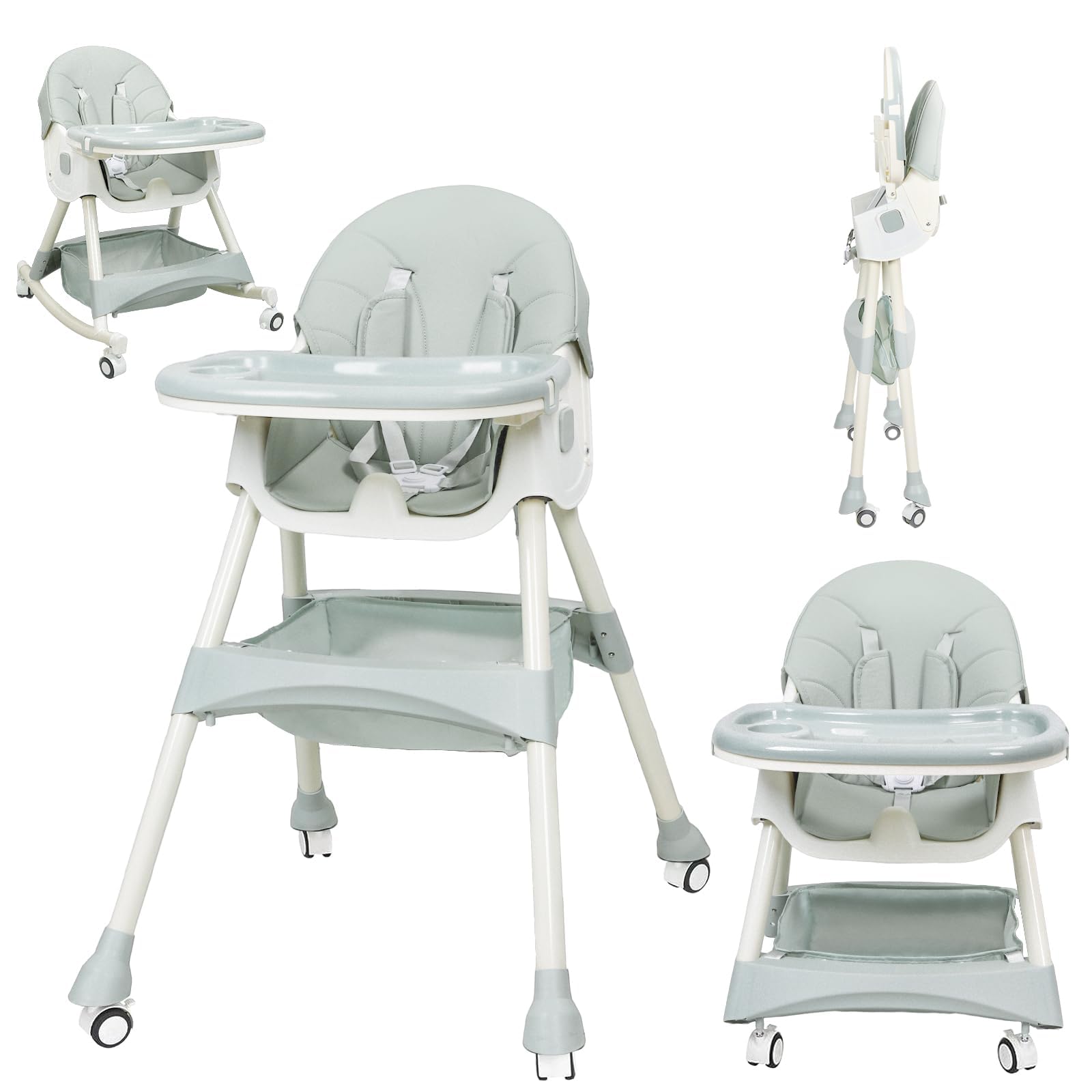 Boyro Baby 4-in-1 Baby High Chair, High Chairs for Babies and Toddlers with Removable Tray and Adjustable Backrest & Height, Convertible & Foldable, Grows with Baby