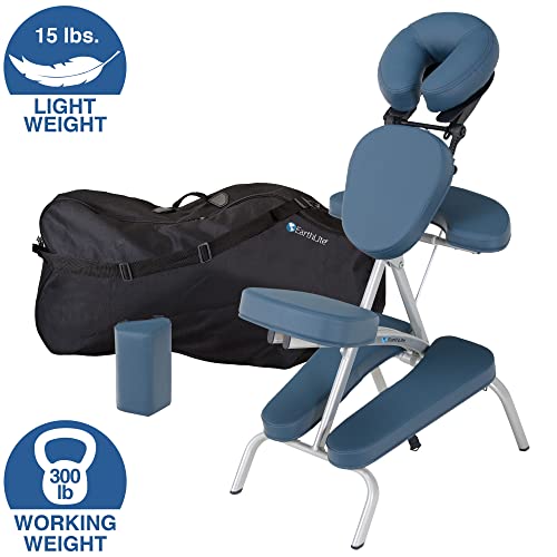 EARTHLITE Portable Massage Chair Package VORTEX - Portable, Compact, Strong and Lightweight incl. Carry Case, Sternum Pad & Strap (15lbs), Mystic Blue