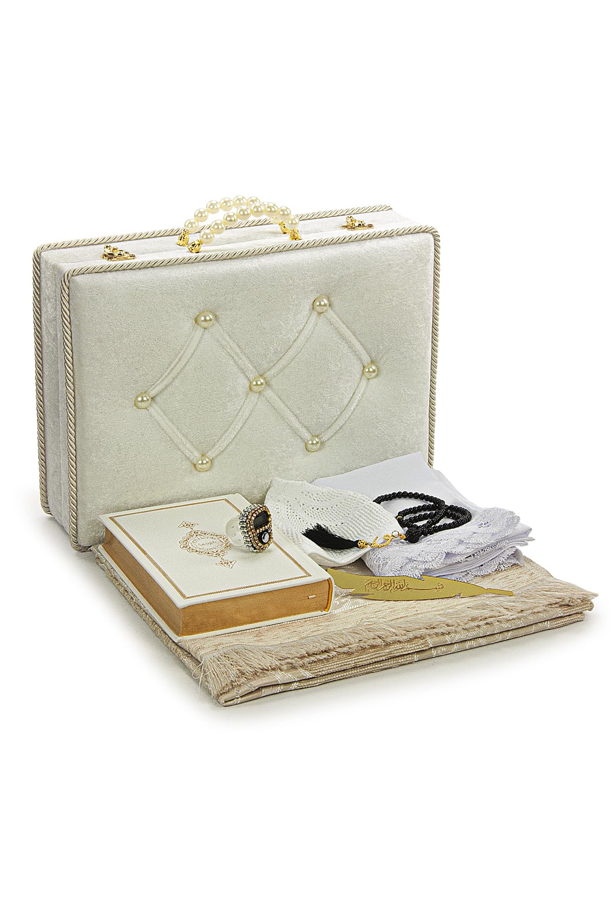 ihvan online Muslim Prayer Rug Set, Islamic Gift Box Suit for Groom Bride, Shawl, Kufi Hat, Digital Beads Counter, Quran Gift Set, Elegant Islam Set for Ramadan (White)