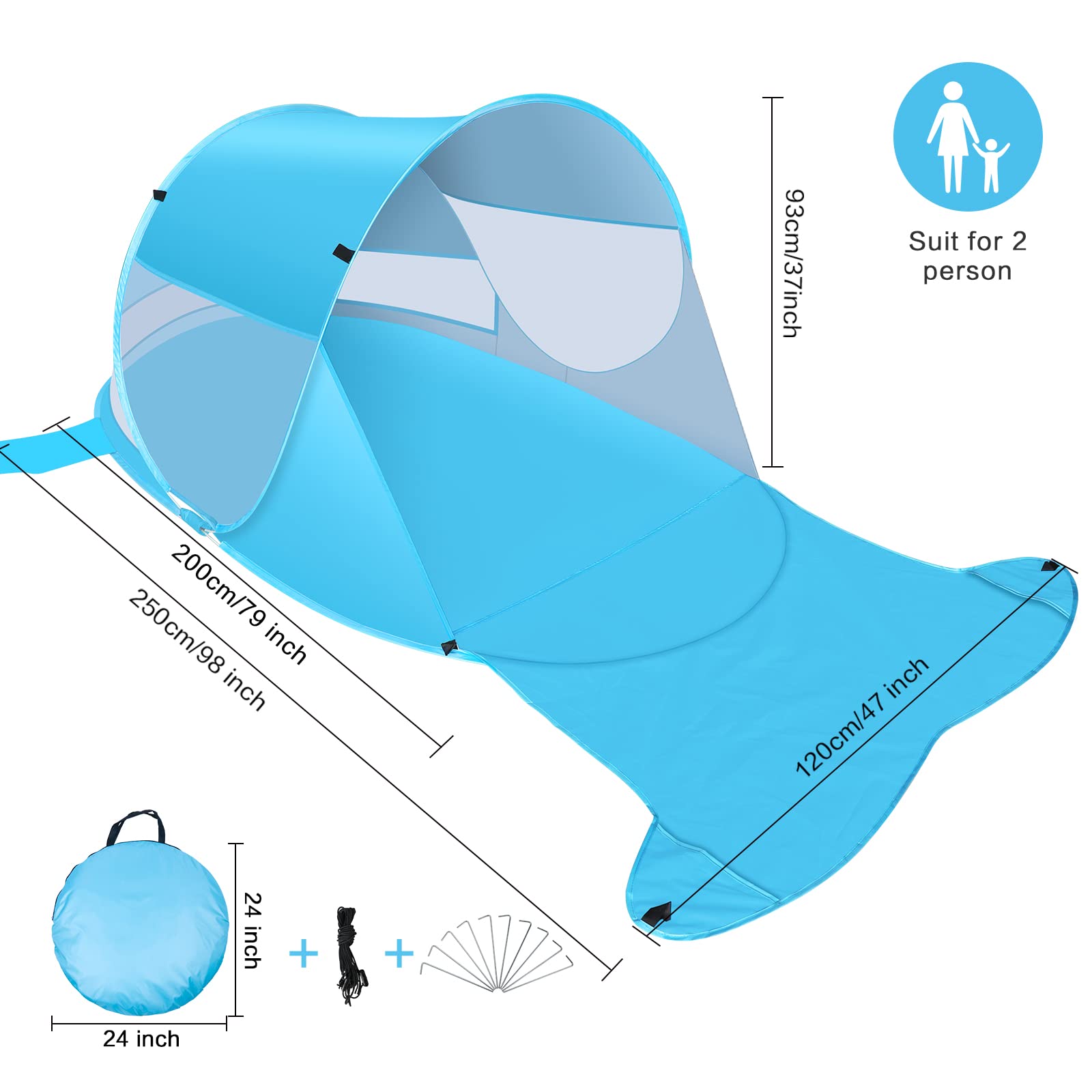 Beach Tent, Large Automatic Instant Pop Up Beach Shade, UPF 50+ Portable Sun Shelter Anti UV Beach Umbrella Baby Tent with Carrying Bag Fit for 2 Person