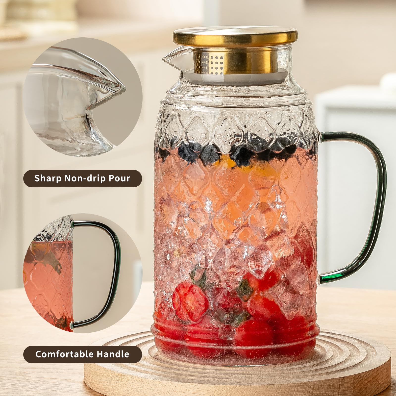 Buaic Glass Pitcher with Lid, 2 PACK 68 oz/2 Liter Vintage Water Pitcher, Clear Borosilicate Glass Water Carafe for Cold Brew, Coffee, Lemonade, Iced Sun Tea,Beverage, Heat Resistant Water Glass Jug