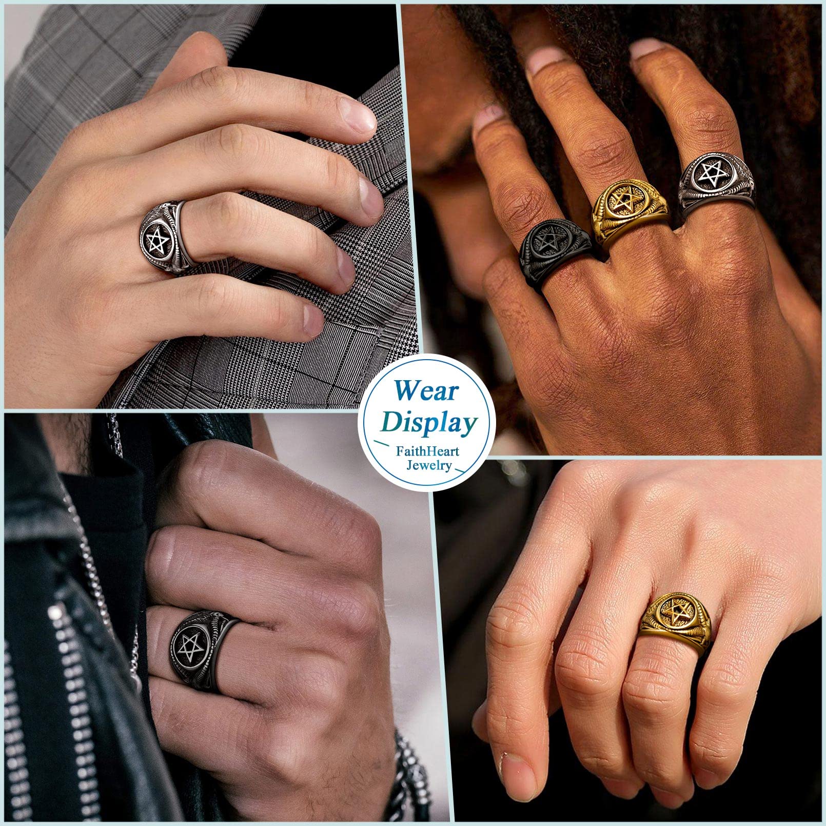 Baphomet Goat Biker Signet Rings Women Black Stainless Steel Satan Inverted Pentacle Pinky Finger Jewelry