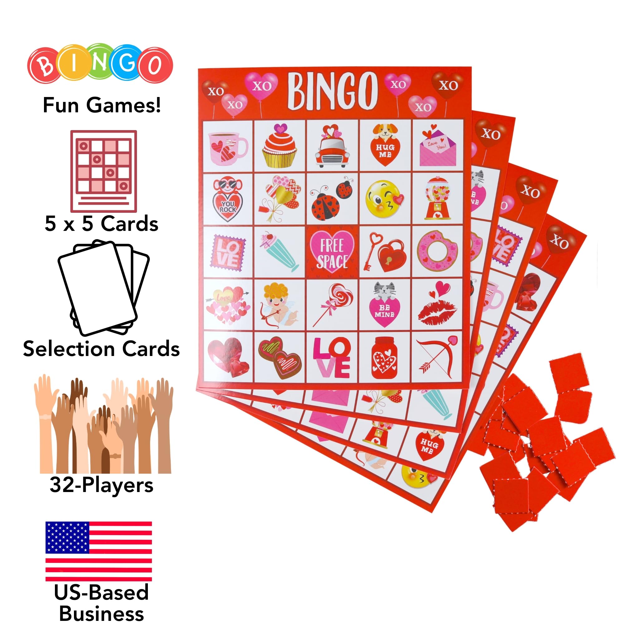 Iconikal Valentine's Day 32 Player Bingo Game Set Classroom Group Activity Fun Interactive Learning School Plus Bonus Game