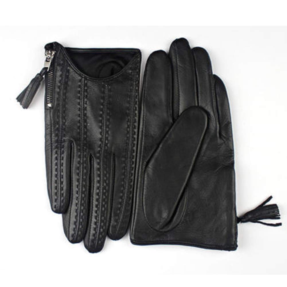 DooWay Short Black Touchscreen Real Leather Gloves, Imported Goatskin Leather Tassel Zipper Unique Pop Finger Gloves,size M