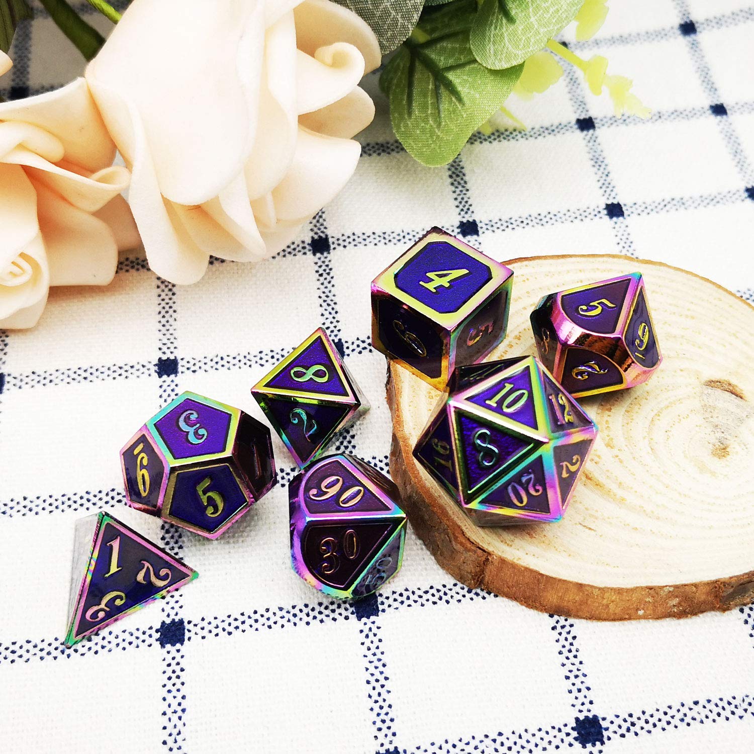 Haxtec Metal DND Dice Set Rainbow Purple D&D 7PCS of D20 D12 D10 D8 D6 D4 for Dungeons and Dragons TTRPG Games