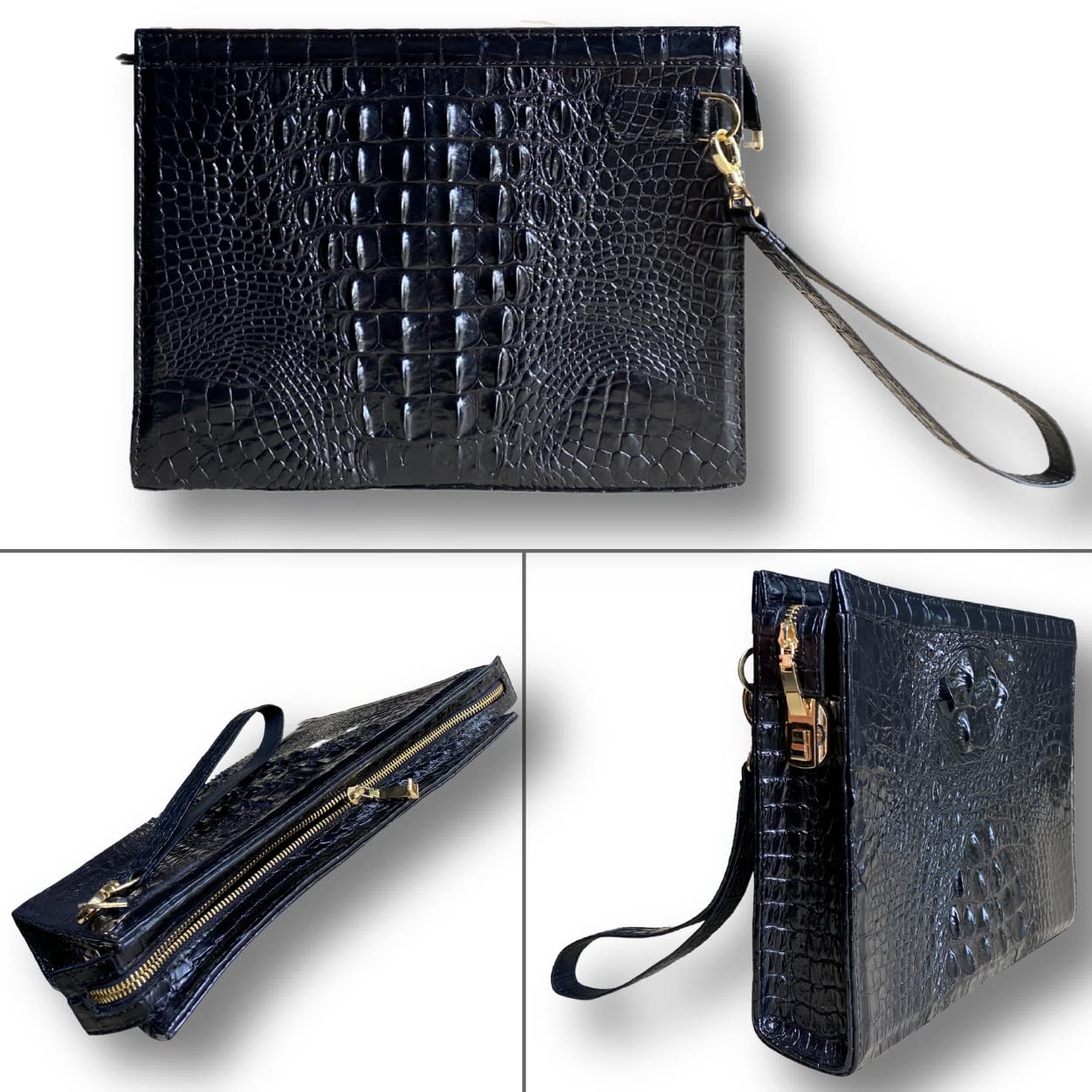 Black Mens Big Clutch Bag Business Alligator Leather Purse Wristlet Handbag Premium Crocodile Skin Multiple Compartments Card Phone Holder Organizer Wallet RFID Blocking CLUT01