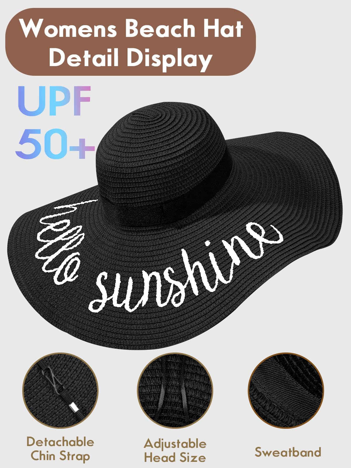 Beach Hats for Women - Foldable Straw Hat Embroidered Wide Brim Floppy Sun Hat UPF 50+, Honeymoon, Travel, Cruise,C1-Black
