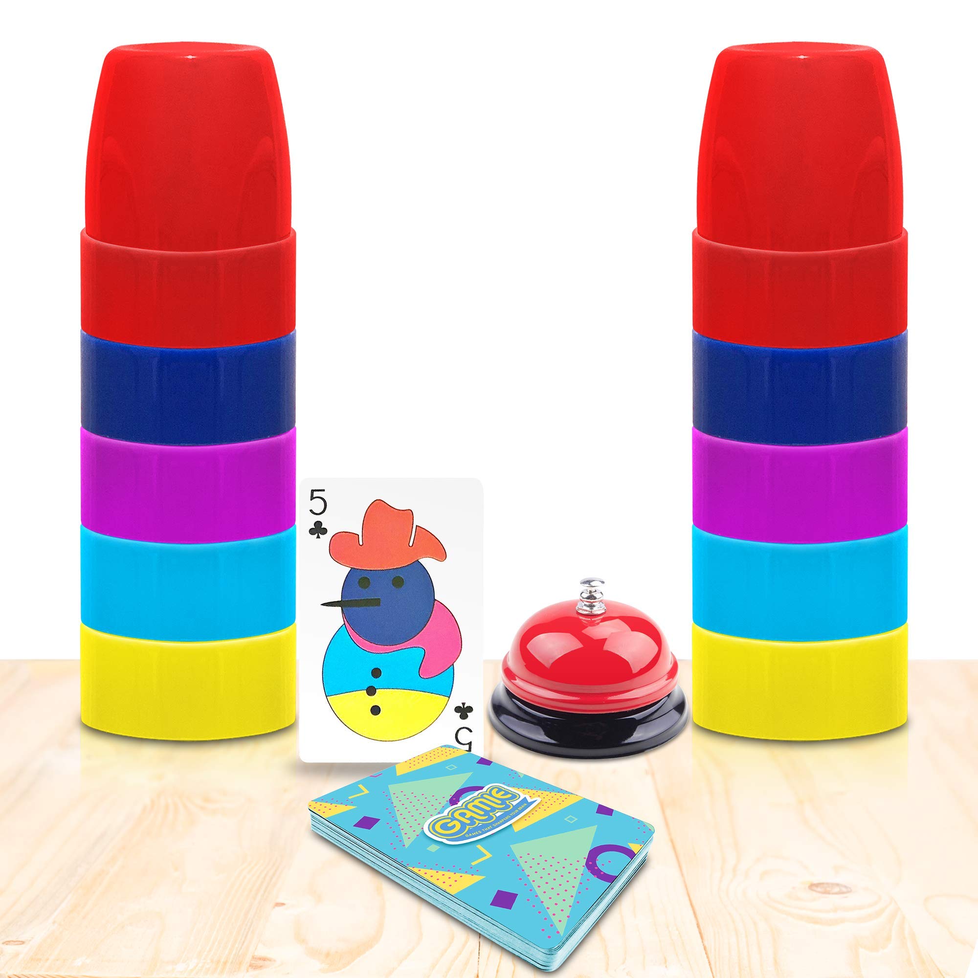 Gamie Stacking Cups Game- with 54 Challenges, 20 Stacking Cups, Bell and Instruction Sheet- Educational Color and Shape Matching Game- Classic Quick Stacks Set for Boys, Girls, Teens, Adults
