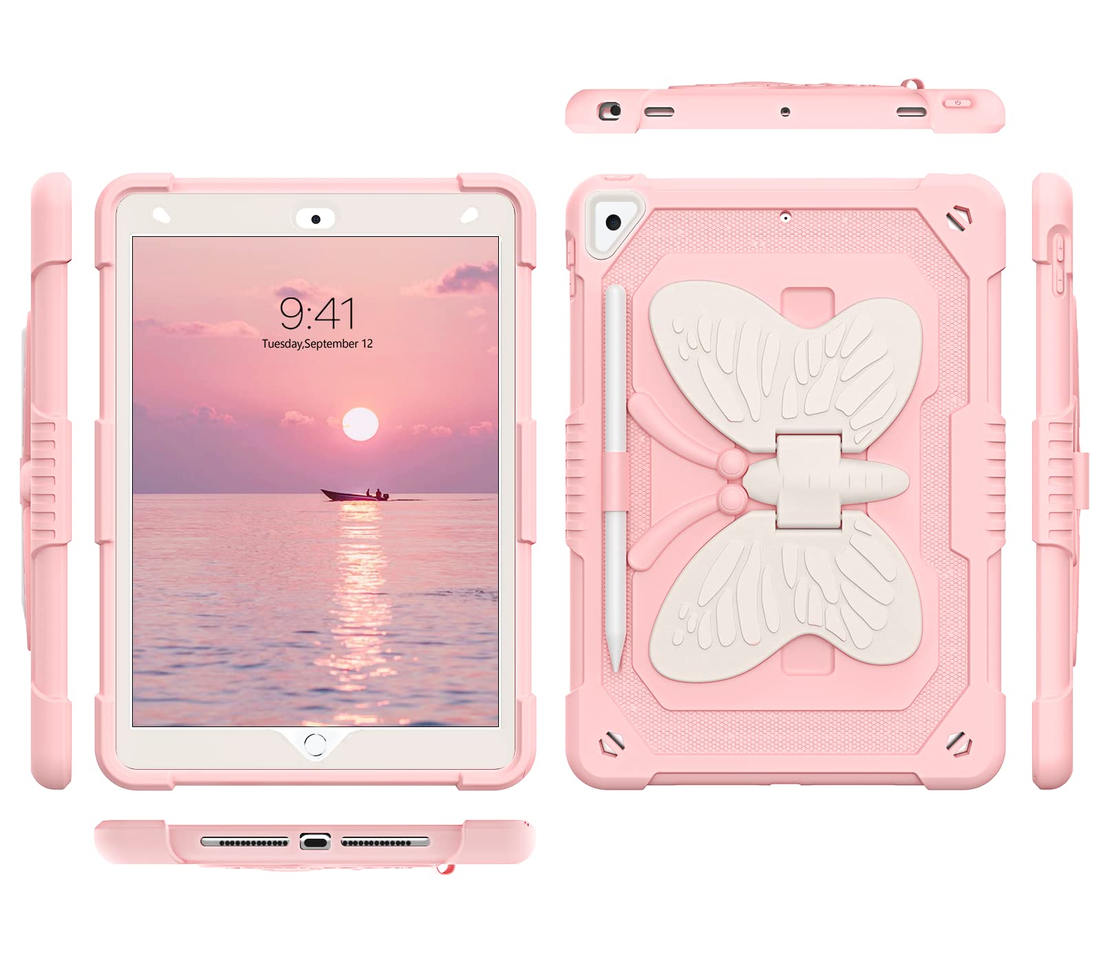 DUEDUE for iPad 10.2 9th/8th/7th Generation Case 2021/2020/2019, Butterfly Wings Kickstand with Pencil Holder Heavy Duty Rugged Shockproof Case for New Apple iPad Air 3 10.5, Beige/Pink