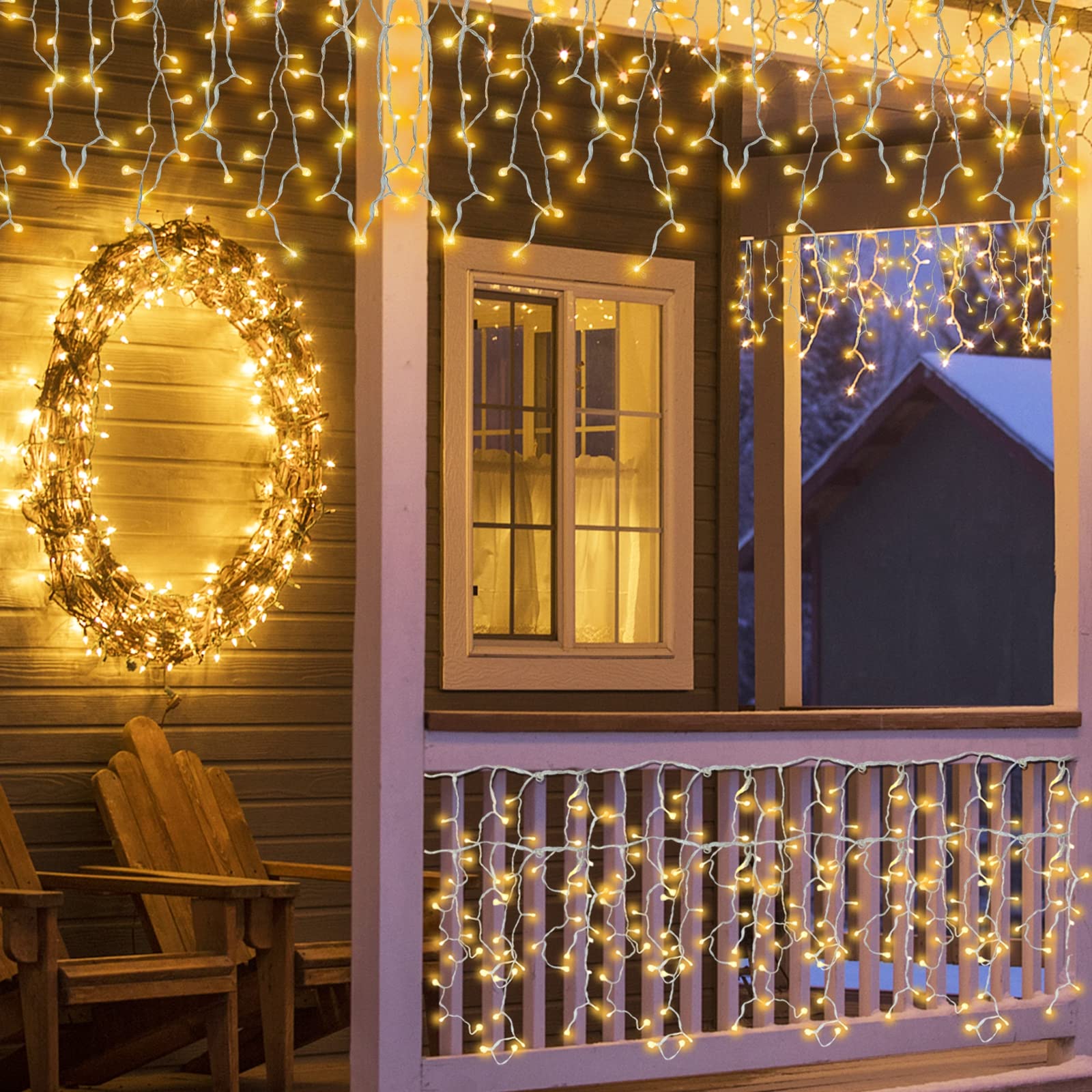 MO QIU E 456 LED Christmas Icicle Lights Outdoor Decor 35.4Ft 72 Drops 8 Modes Plug In Window Curtain Fairy String Dripping Light Decoration Home Holiday Indoor Eave Garden (Warm White)