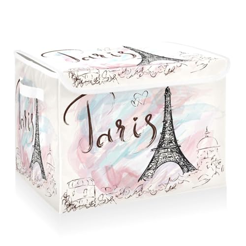 CaTaKu Large Fabric Storage Bins With Lids,Vintage Eiffel Tower Paris Storage Boxes With Handles for Organizing Clothes, Collapsible Decorative Storage Cube Bins Baskets for Shelves