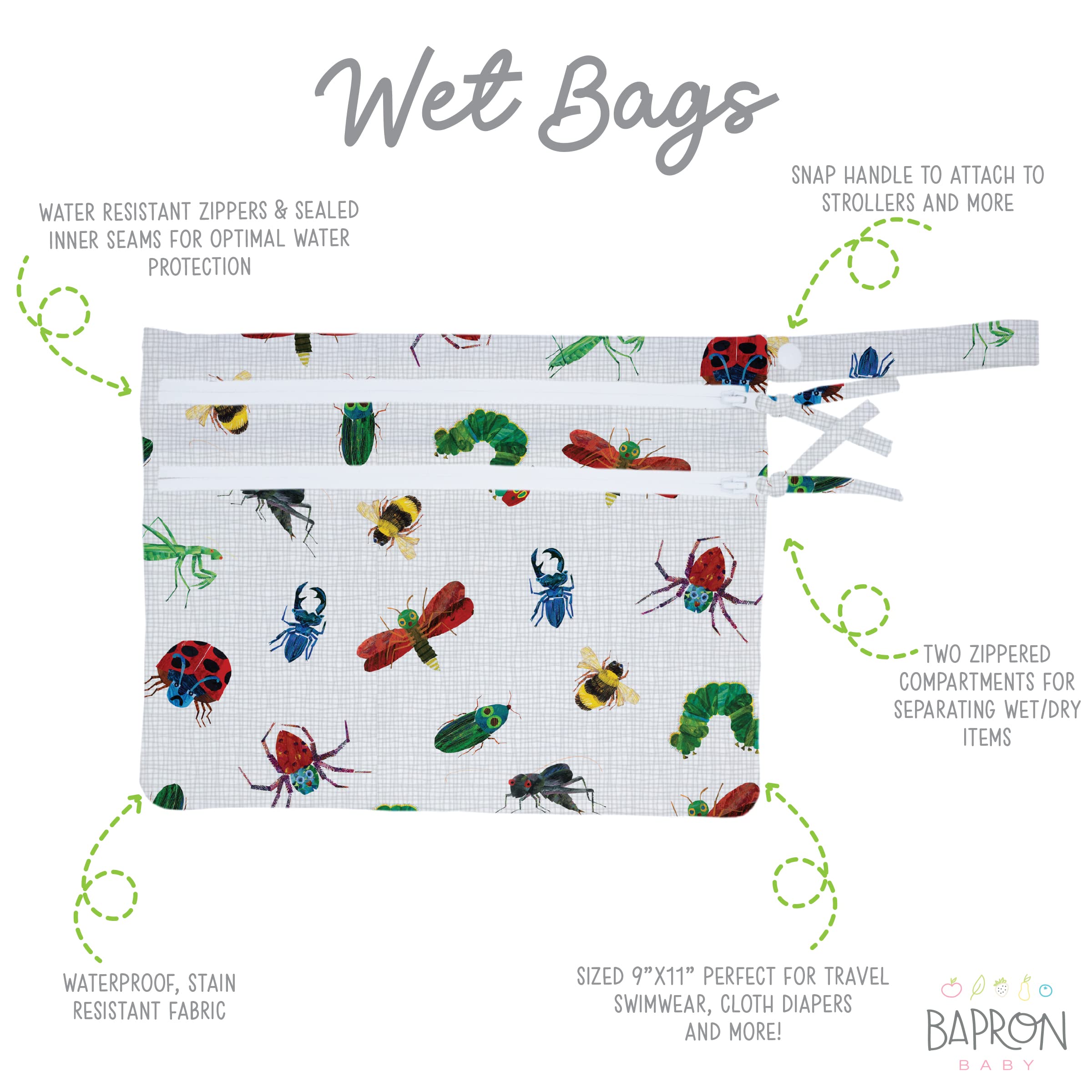 BapronBaby Eric Carle Bug World Bundle - Bapron (Sz Baby/Toddler 6m-3T) + Wet Bag 11" x 9" Bundle - Soft Waterproof Stain Resistant Bib - Machine Washable