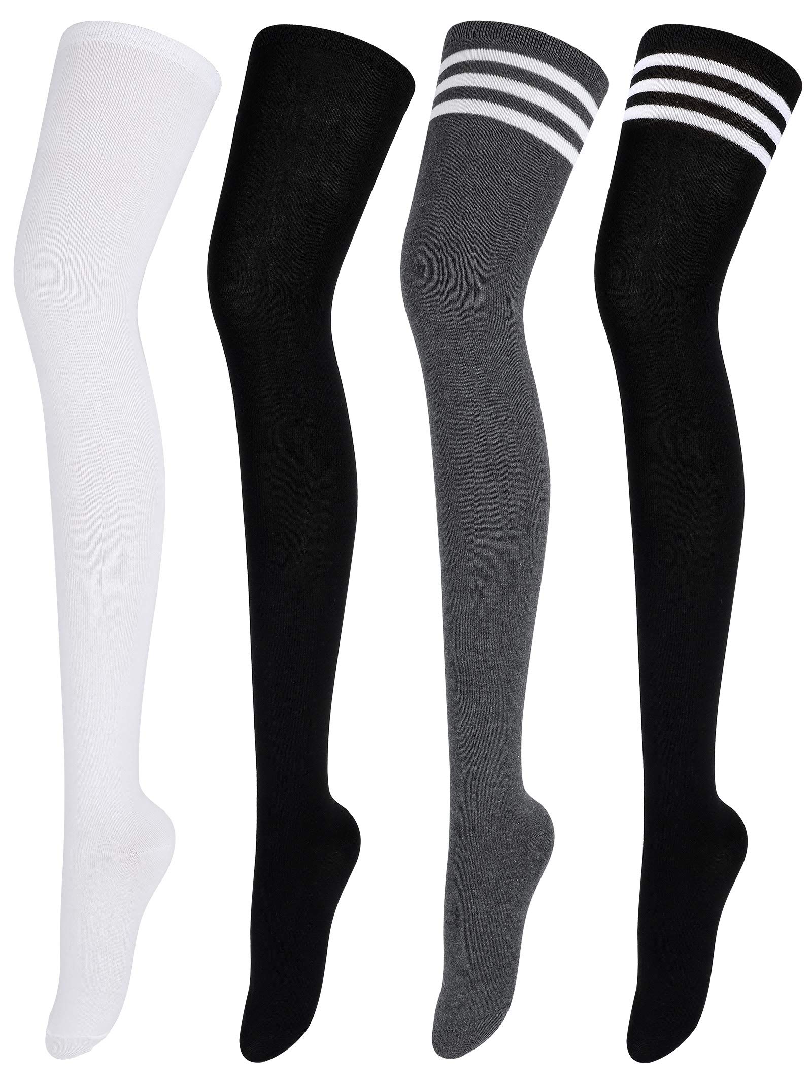 Aneco 4 Pairs Thigh High Knee Socks Extra Long Boot Stockings for Women (Black, White, Triple Stripes Style)