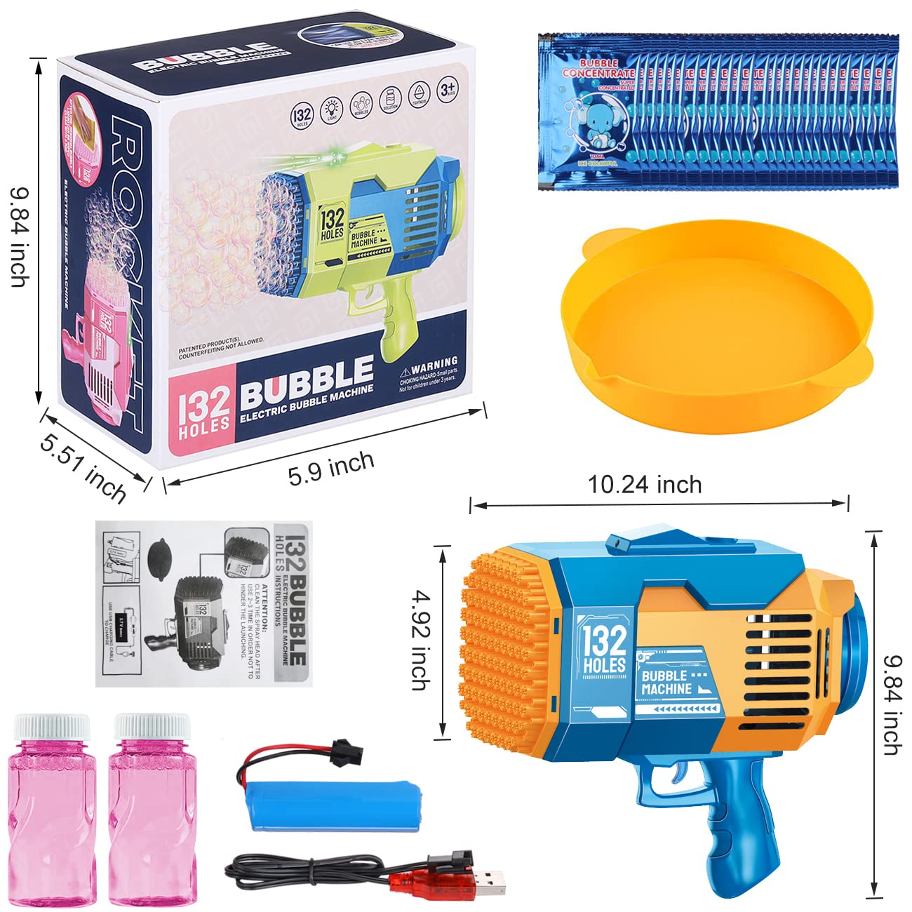 Bazooka Bubble Gun, Upgraded 132 Hole Bubble Machine Gun with Lights 10000+ Bubbles Per Minute, Additional 30 Bubble Refill Solution, Bazooka Bubble Gun for Outdoor Indoor Birthday Wedding Party