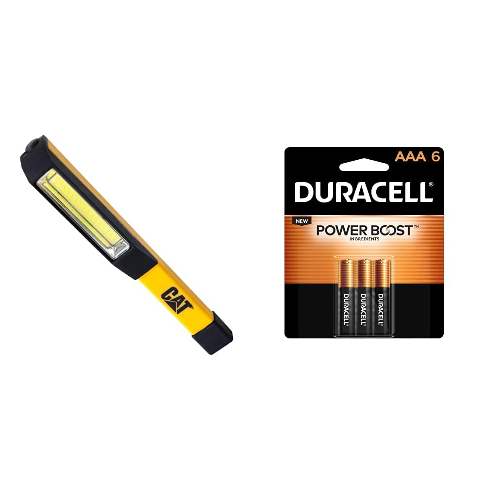 CAT CT1000 Pocket COB LED Flood Beam Pocket Work Light, Black/Yellow & Duracell Coppertop AAA Batteries with Power Boost (Packaging may vary)
