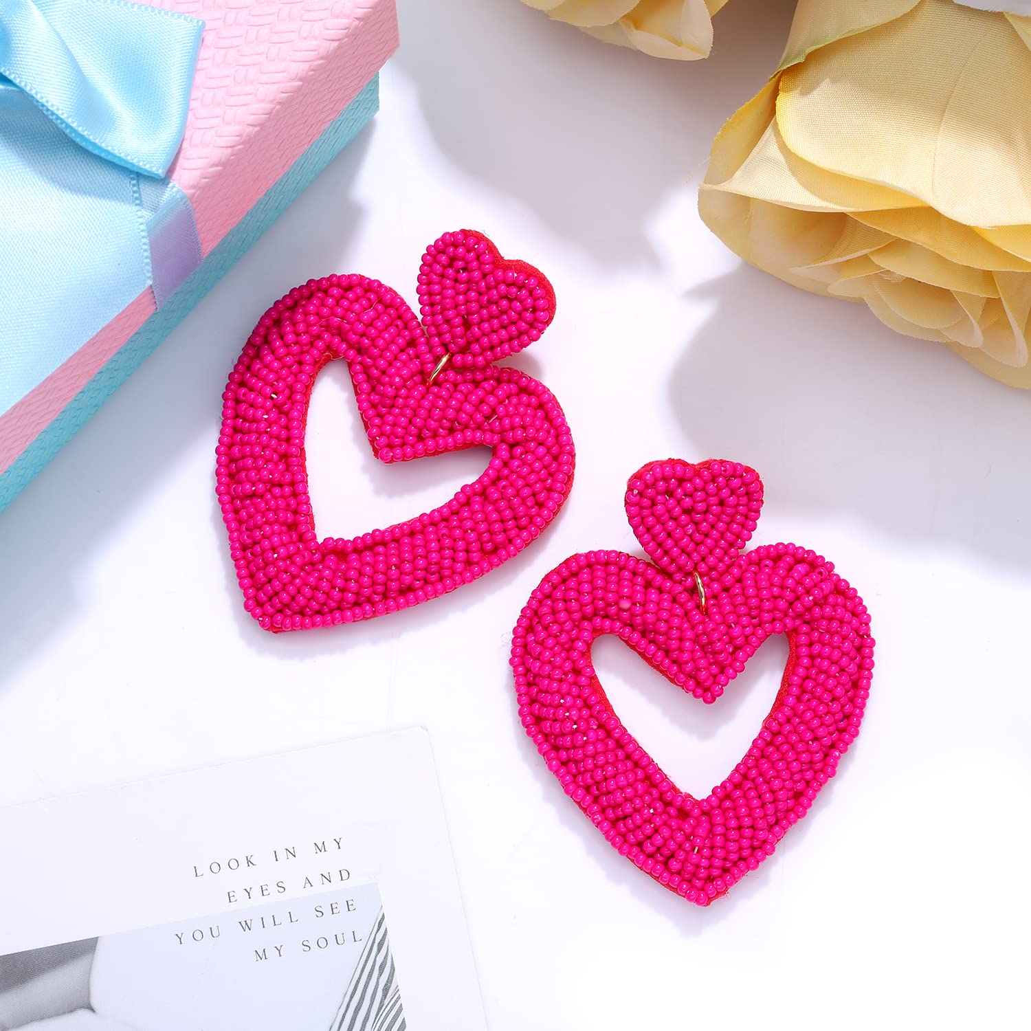 Bead Dangle Earrings for Women Beaded Heart Dangle Earrings Bohemia Statement Bead Drop Earrings Studs Valentine’s Day Heart Beaded Earrings Gifts
