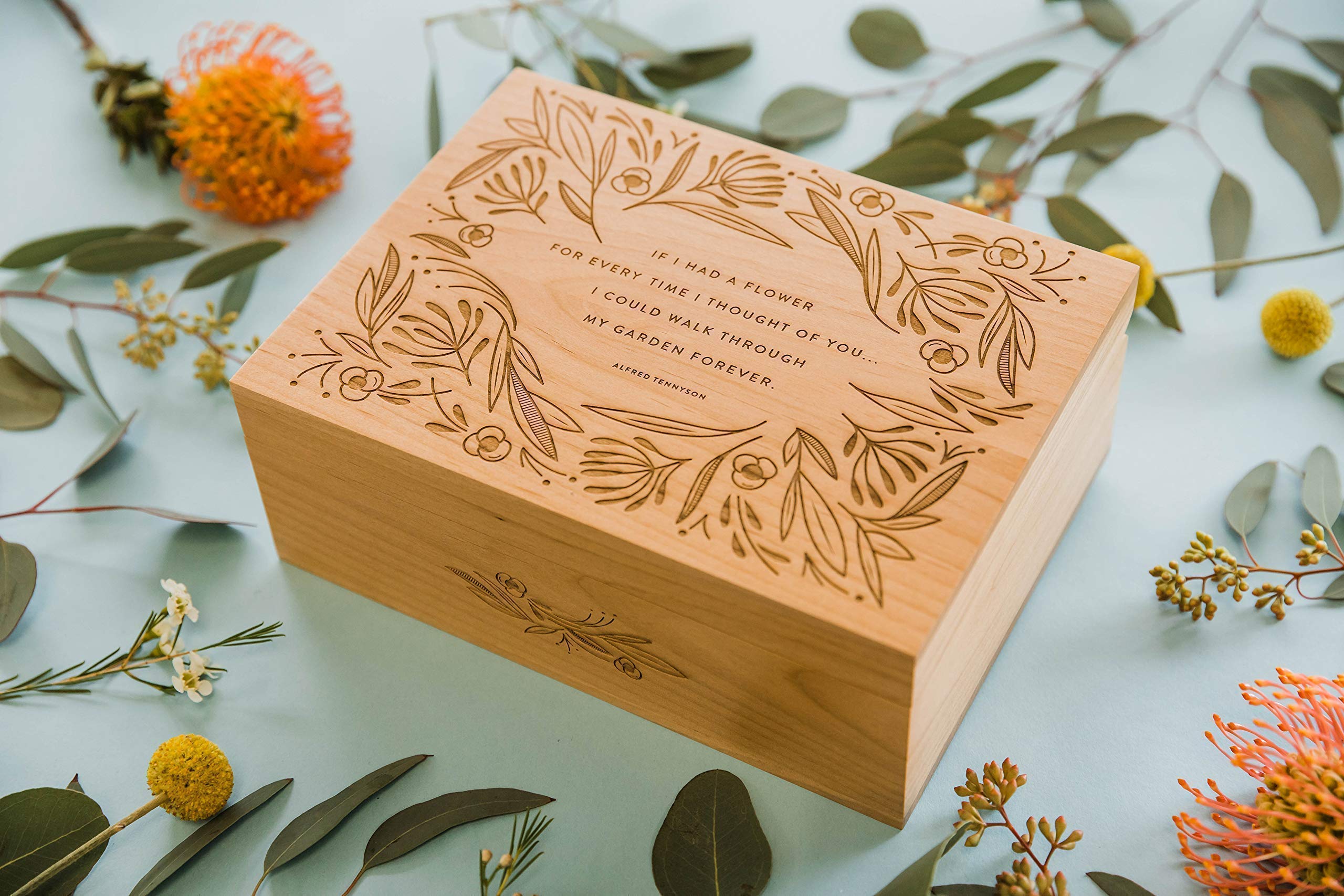 Garden Of Flowers Alfred Lord Tennyson Quote Wood Keepsake Box [Personalized Custom Gifts, Anniversary, Wedding, Baby, Memory]