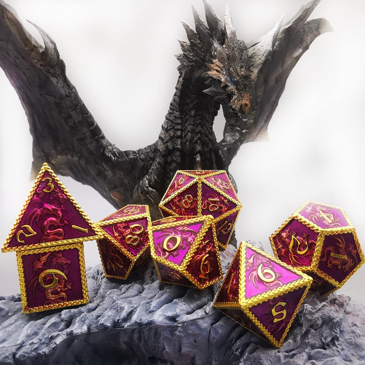 MJDICEOK Metal Dragon DND Dice Set 7 Role Playing Dice D&D Solid Dice Golden Purple