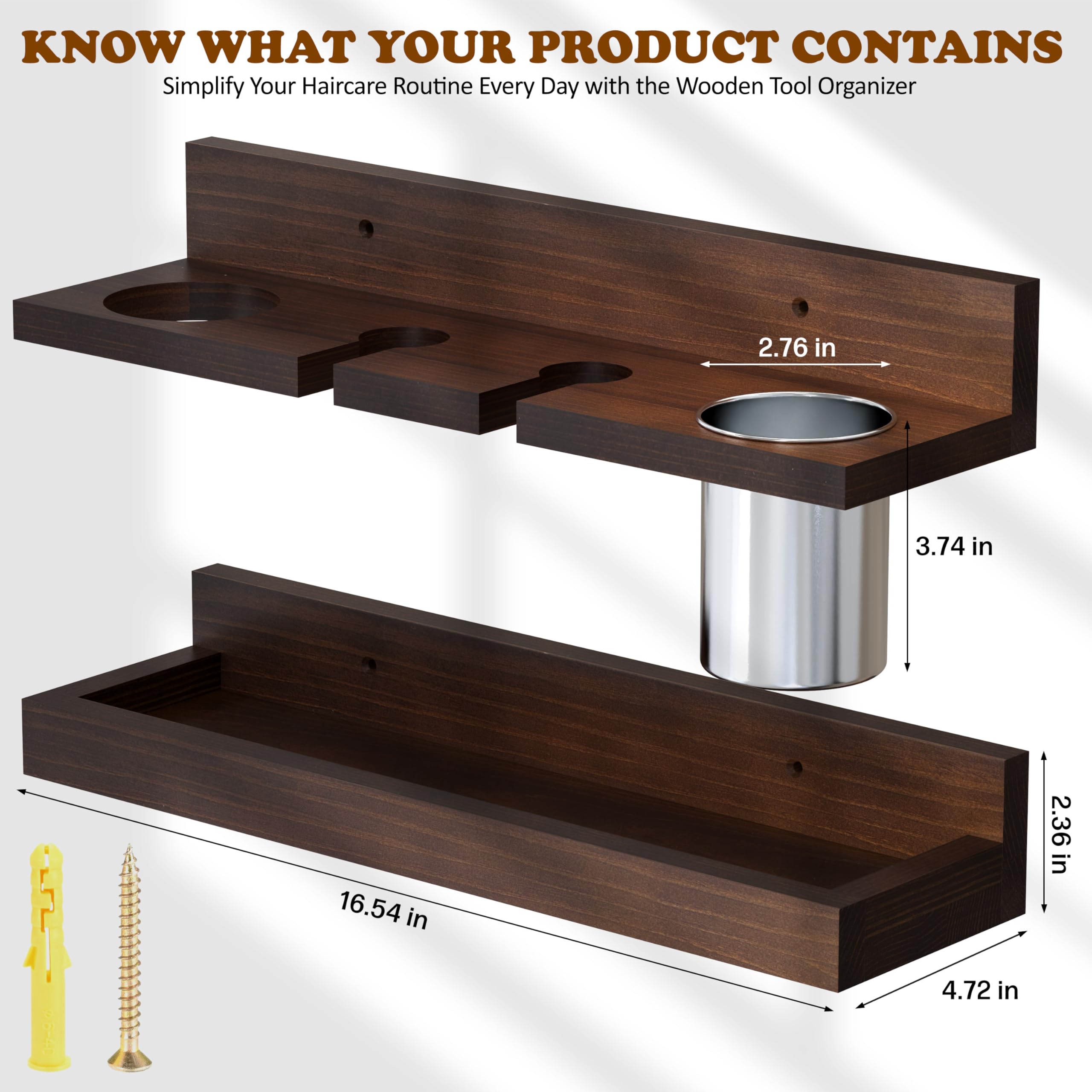 Wooden Hair Tool Organizer Wall Mounted - 17"x5" 2PC Set - Blow Dryer Holder & Hair Storage Organizer - Perfect for Heat Tools, Curling Iron or Hair Dryer Storage - Mounting Hardware Included