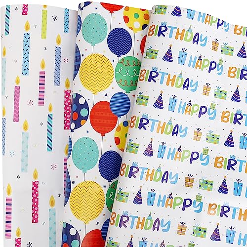 BULKYTREE Birthday Wrapping Paper for Boys Girls Kids Men Women Holiday Birthday Party - 3 Large Sheets Colorful Balloon 'Happy Birthday' Birthday Candles Gift Wrap - 27 Inch X 39.4 Inch Per Sheet