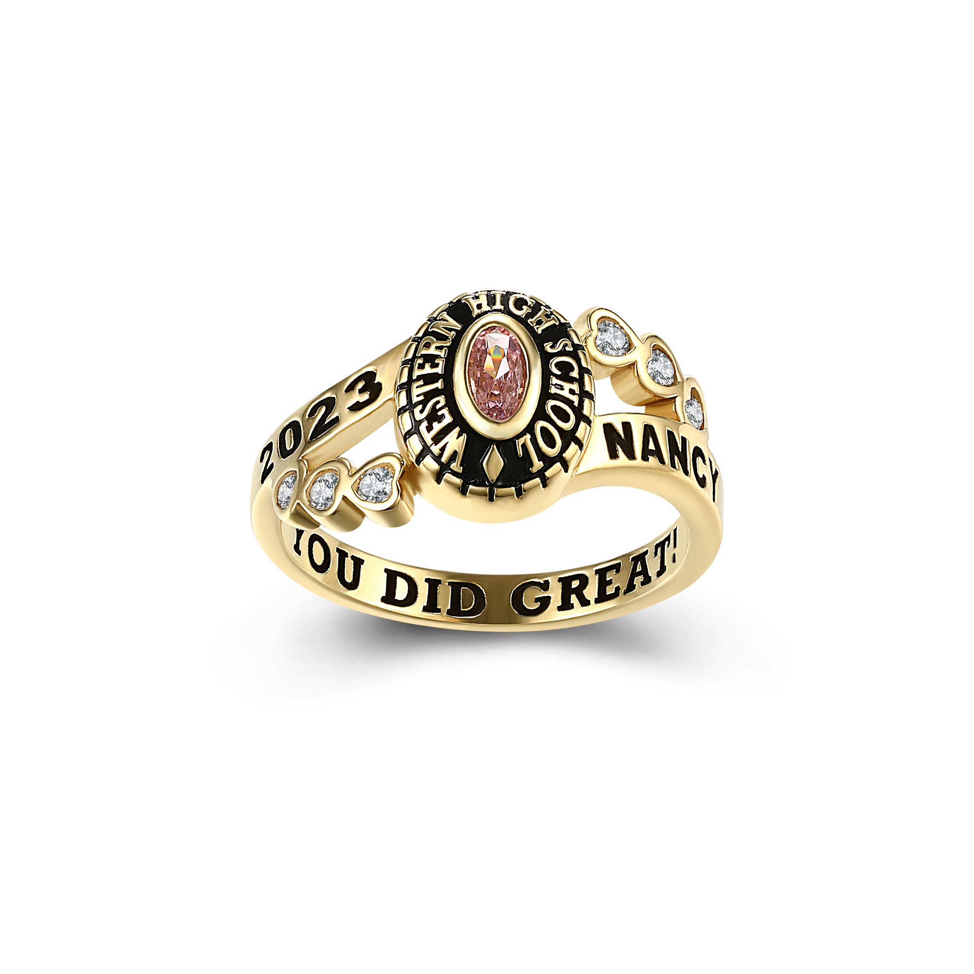 PJM Customized Sterling Silver or 10kt Ladies High School Class Ring – Sweetheart Collection – Fully Personalized (10kt Yellow Gold, 6)