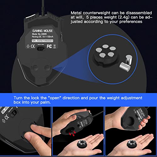 iFCOW Wired Mouse 10 Buttons USB Gaming Mouse with RGB Light 1000/1600/2400/3200DPI Weight Tuning for Desktop Laptop
