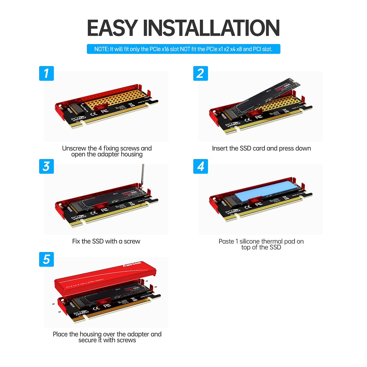 AMPCOM M.2 M Key Nvme SSD to PCI-e 4.0 Adapter, PCI Express 4.0 X16 Card with Aluminum Case, Supports Windows 7/8/ 10, Supports 2280