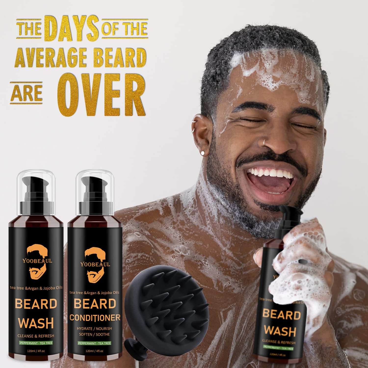 Beard Wash, Beard Conditioner & Beard Brush Set w/Argan & Tea Tree Oils - Natural Mint Tea Tree Scent - Softens & Strengthens, Shine, Reduce Itchy - Scrub, Beard Shampoo w/Beard Oil 2 x 4 Fl Oz 120ML