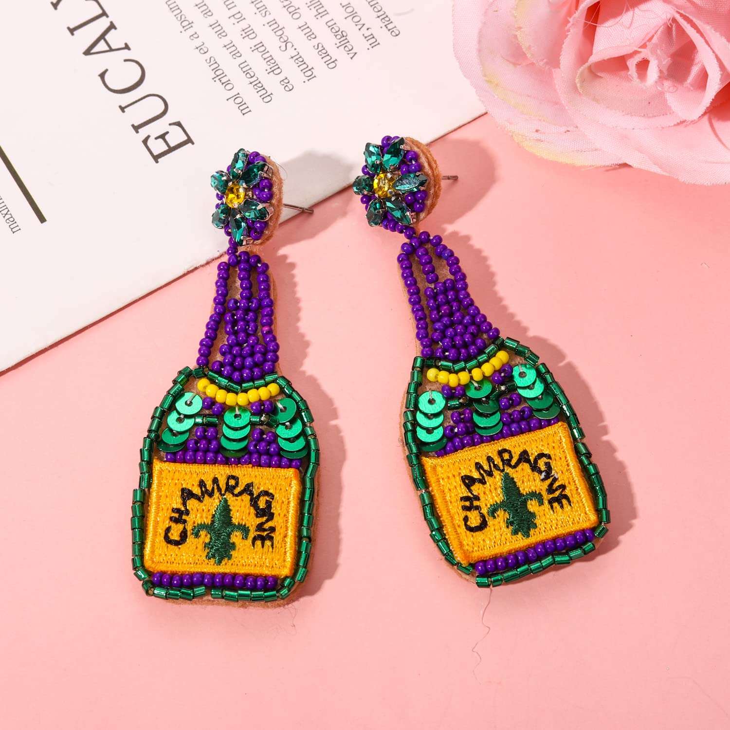 Beaded Champagne Bottle Earrings for Women Handmade Bead Champagne Drop Dangle Earring Statement Earring Studs for Birthday Holiday Parties Gifts (Mardi Gras Color)