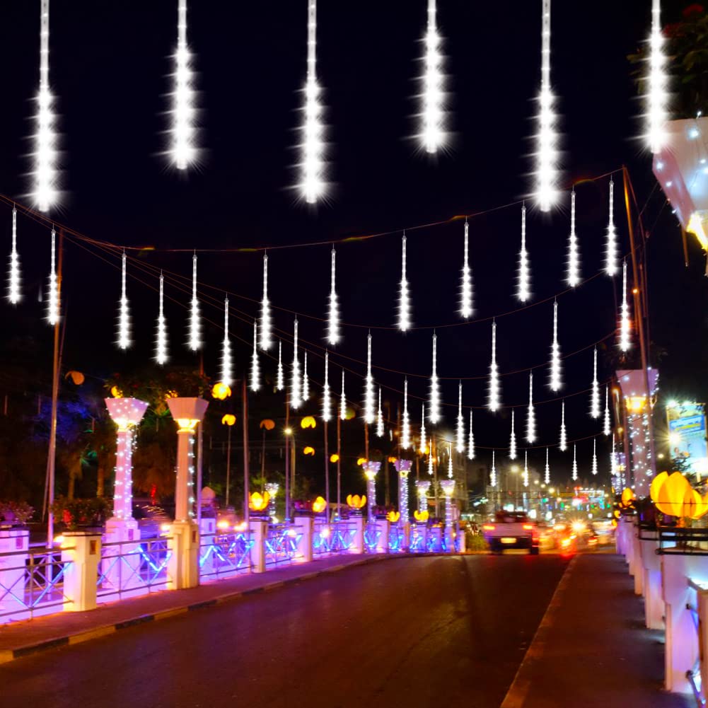 BestFire LED Meteor Shower Lights 11.8inch 8 Tubes 192 LEDs Falling Rain Lights Waterproof Falling Raindrop Light Meteor Shower Rain Lights for Home Xmas Tree Garden Outdoor Decoration, White