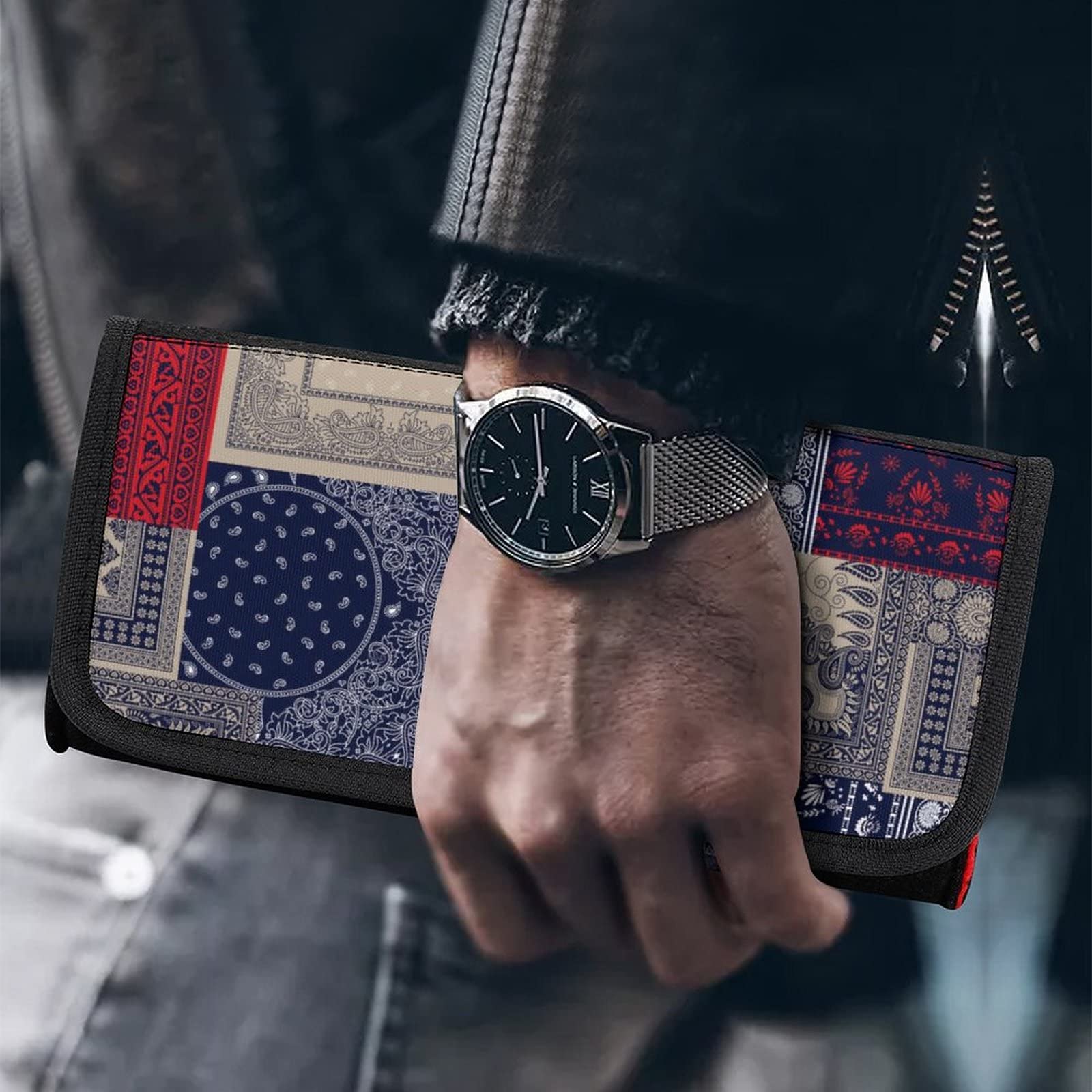 Bandanna Patchwork Pattern Carrying Bag Compatible with Switch Protective Case Slim Felt Pouch with 5 Game Cartridges Holders