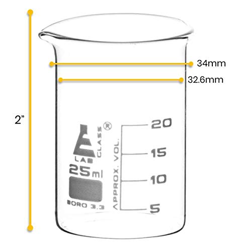 EISCO Beaker, 25ml - Low Form with Spout - White, 5ml Graduations - Borosilicate 3.3 Glass