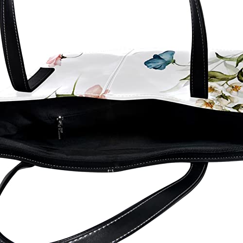 Beautiful Flowers Pattern Tote Bag for Women Girls, Leather Shoulder Bag with Inside Pockets, Zip Top Handbags